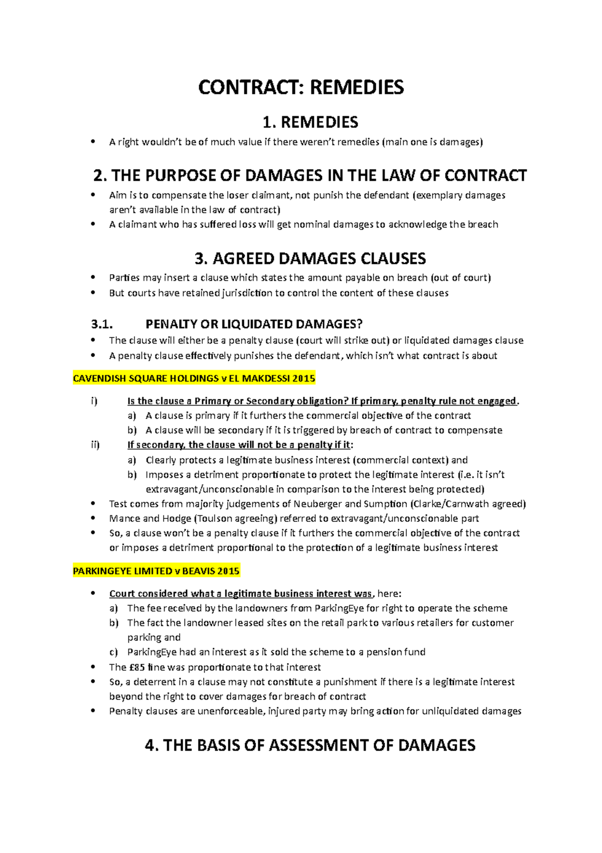 19. Remedies - Summary Contract Law - CONTRACT: REMEDIES 1. REMEDIES A ...