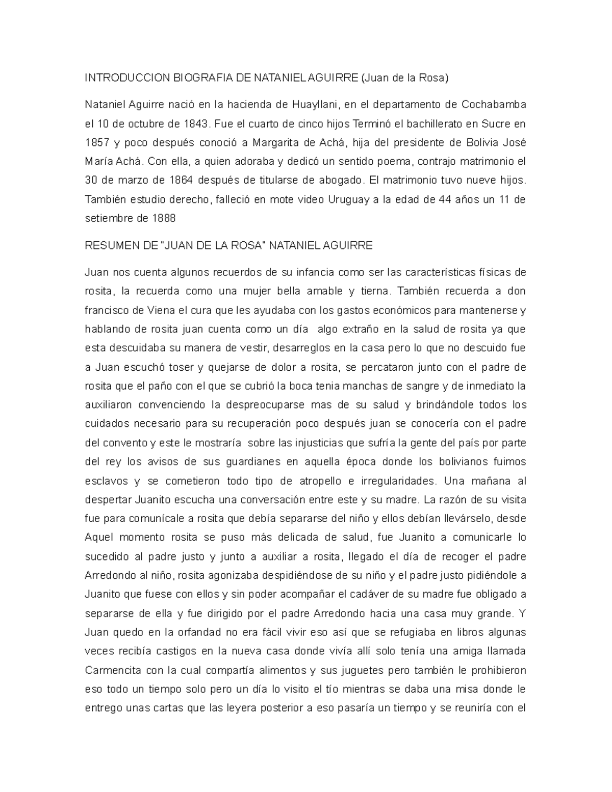 JUAN DE LA ROSA 7 - resumen de libro - INTRODUCCION BIOGRAFIA DE ...