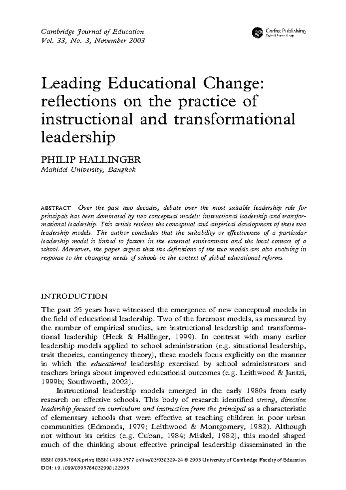 2003 , Hallinger - Cambridge Journal of Education Vol. 33, No. 3 ...