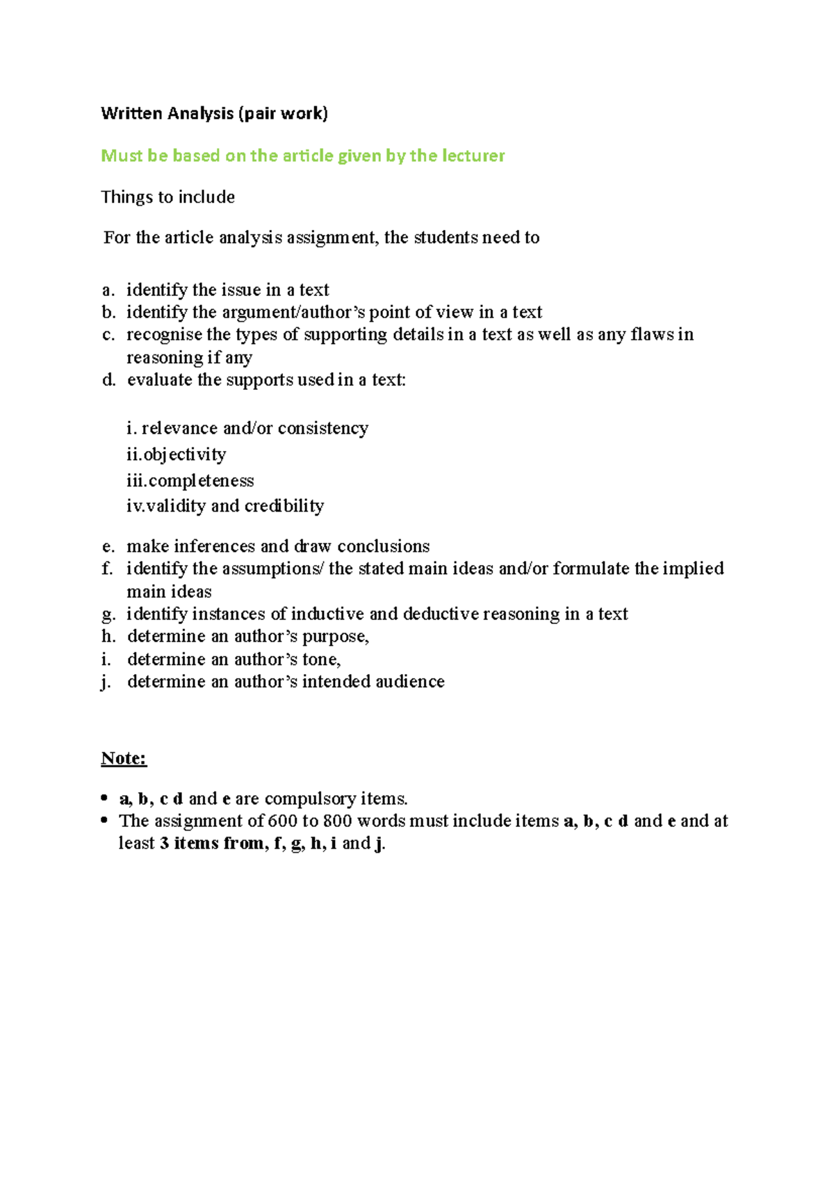 Guidelines for Written Analysis - Written Analysis (pair work) Must be ...