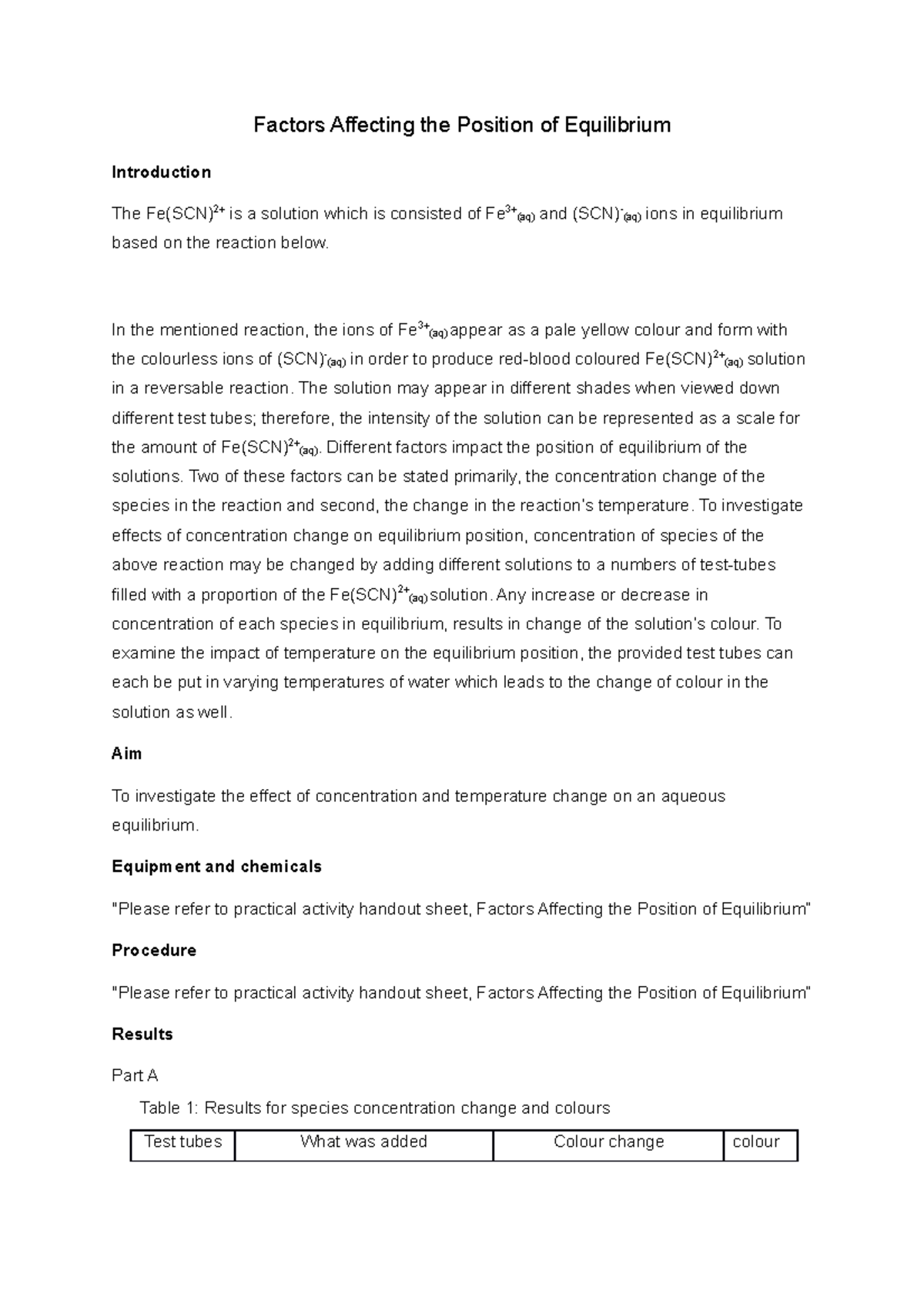 Summative prac 2 - Factors Affecting the Position of Equilibrium ...
