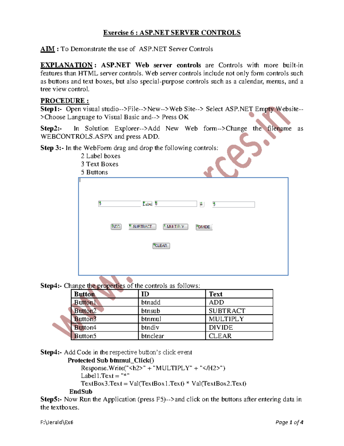Asp ex6 - Improve skills - Exercise 6 : ASP SERVER CONTROLS AIM : To Demonstrate the use of ASP ...