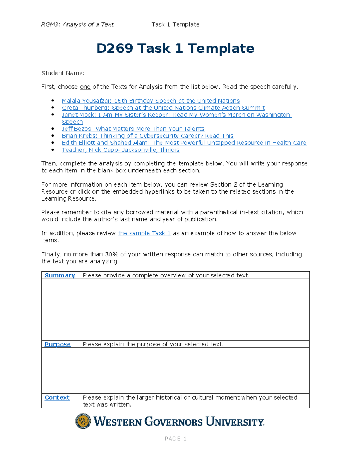 Task 1 Template - RGM3: Analysis of a Text Task 1 Template D269 Task 1 ...