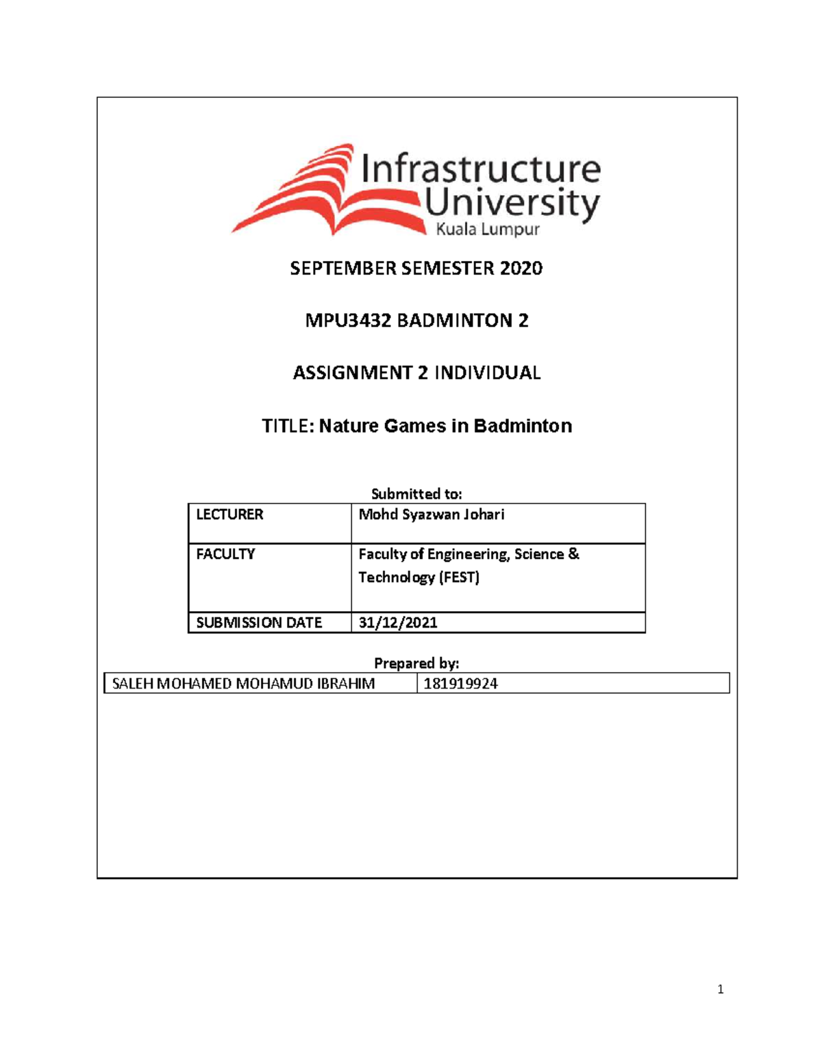Badminton Assignment 2 Saleh Mohamed Mohamud 181919924 - SEPTEMBER ...