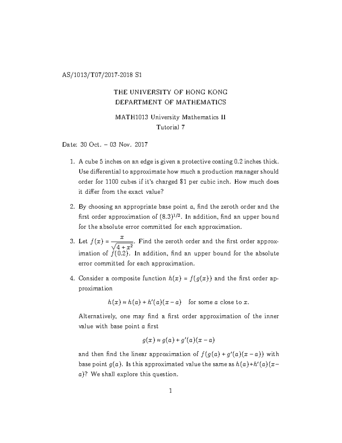 MATH1013 2017 Sem1 Tut07 - AS/1013/T07/2017-2018 S THE UNIVERSITY OF ...
