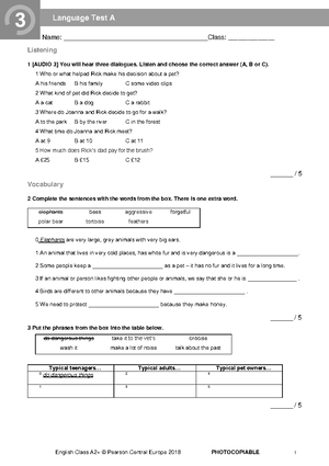 ECA2+ Tests Language Test 1A - English Class A2+ © Pearson Central ...