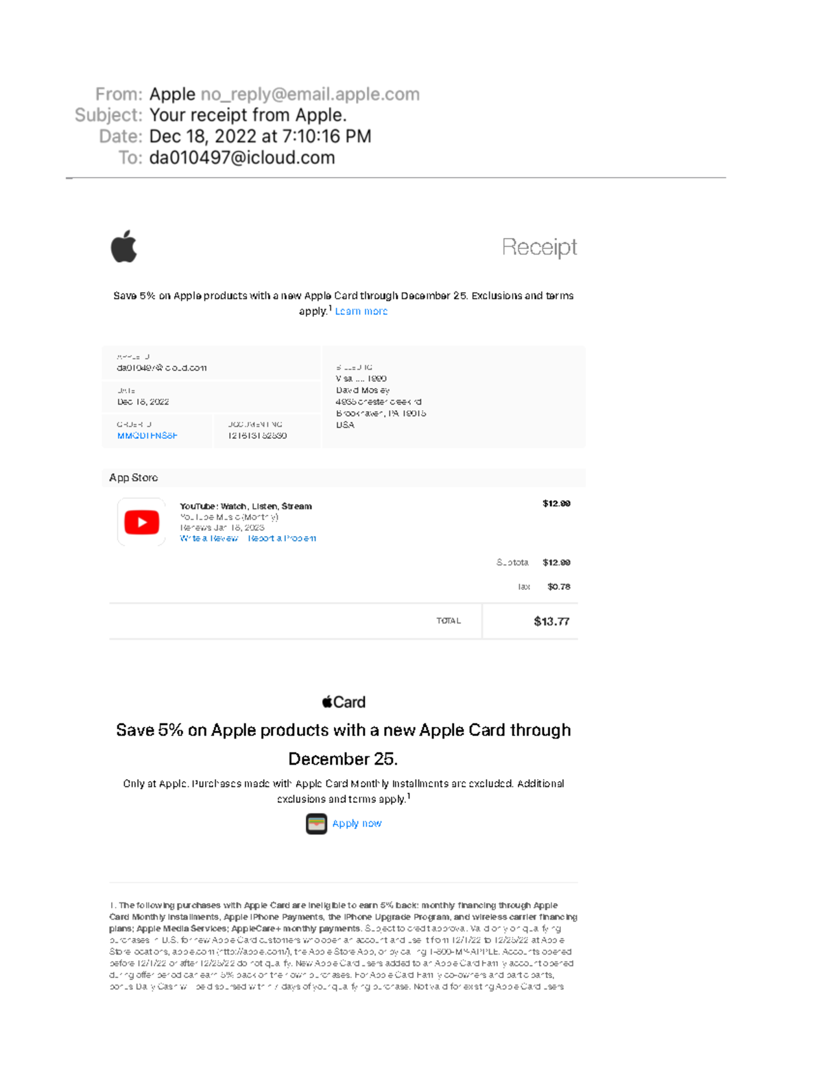 Your receipt from Apple - Subtotal $12. Tax $0. Receipt Save 5% on ...