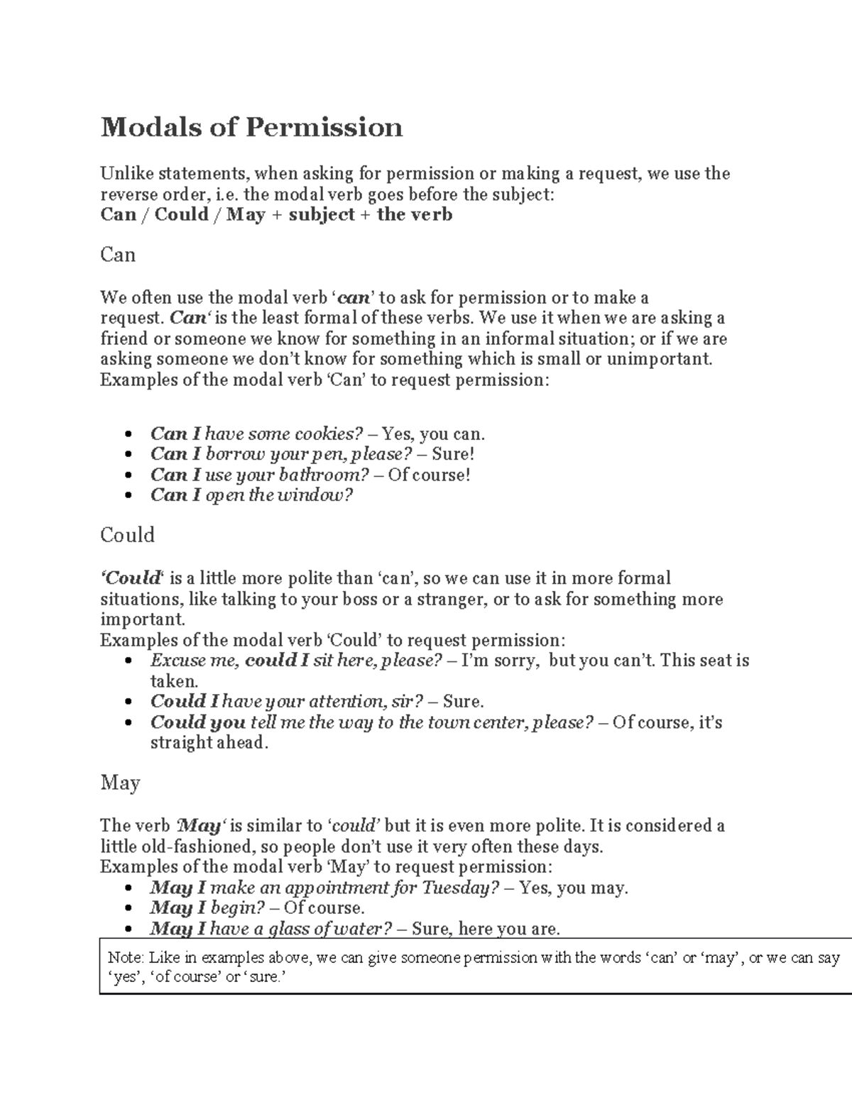 Modal-handout - modal notes - Modals of Permission Unlike statements ...