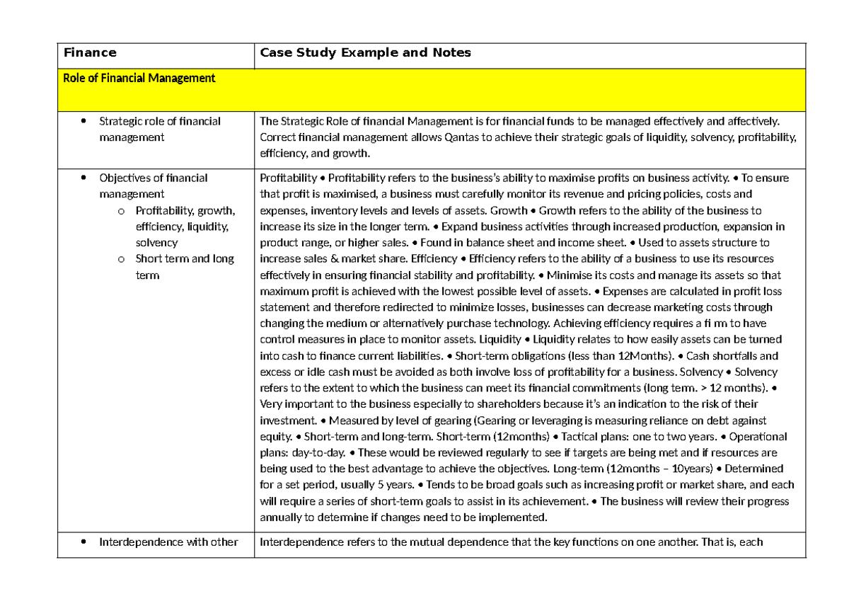 Finance - Case Study - Finance Case Study Example and Notes Role of ...