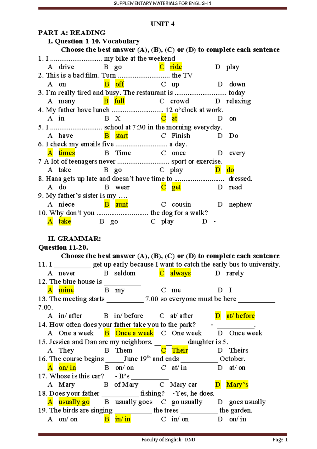 SUP 4 UNIT4 - UNIT 4 PART A: READING I. Question 1-10. Vocabulary ...