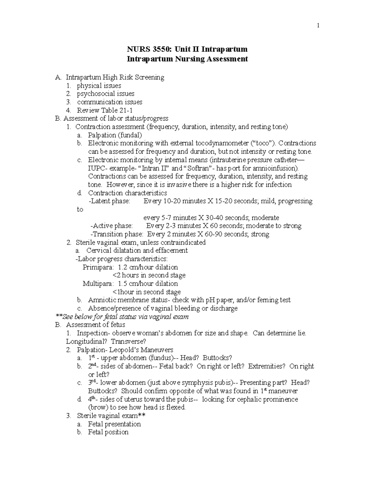 Intrapartum Nursing Assessment - NURS 3550: Unit II Intrapartum ...