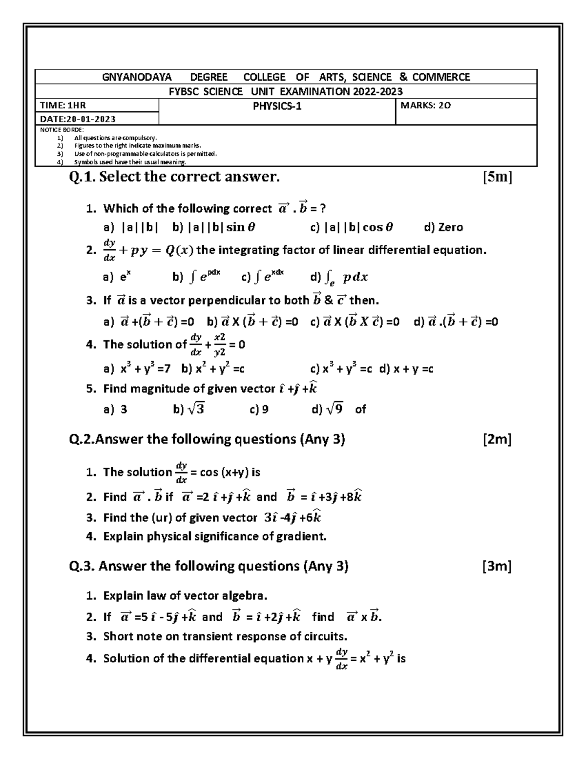 PHY 123 - Pdf - FYBSC SCIENCE UNIT EXAMINATION 2022- TIME: 1HR PHYSICS ...