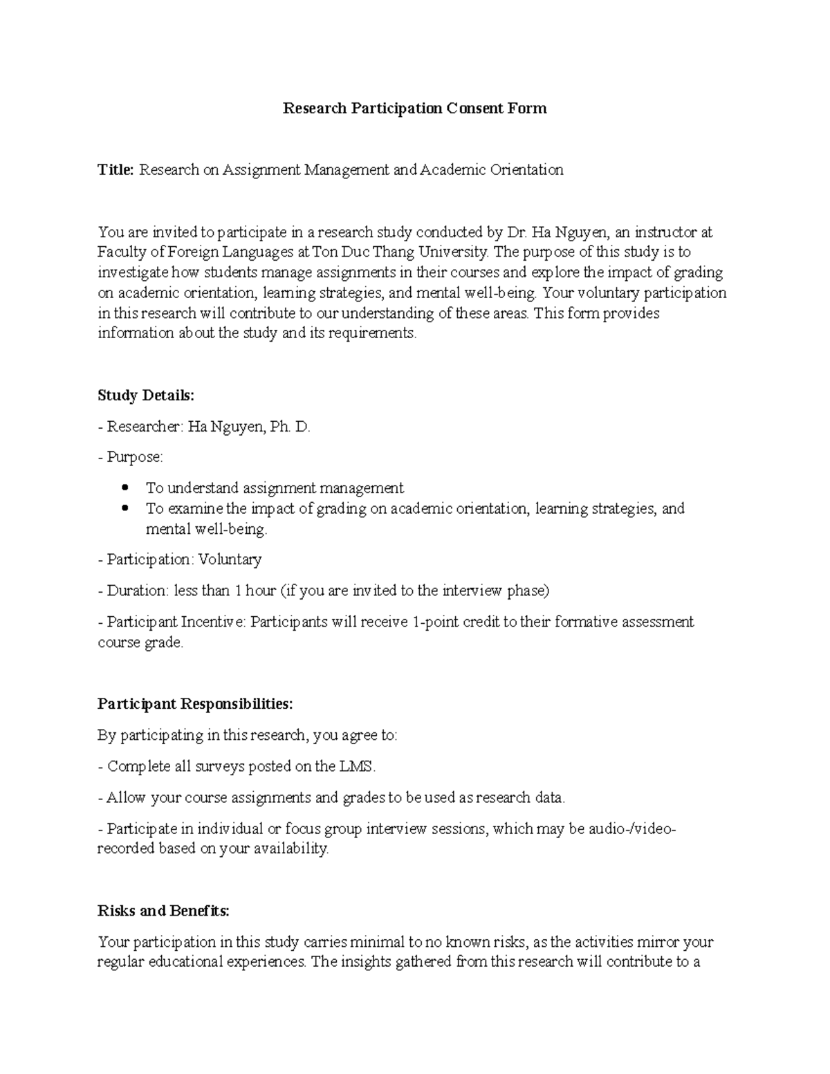 Research consent form - Research Participation Consent Form Title ...