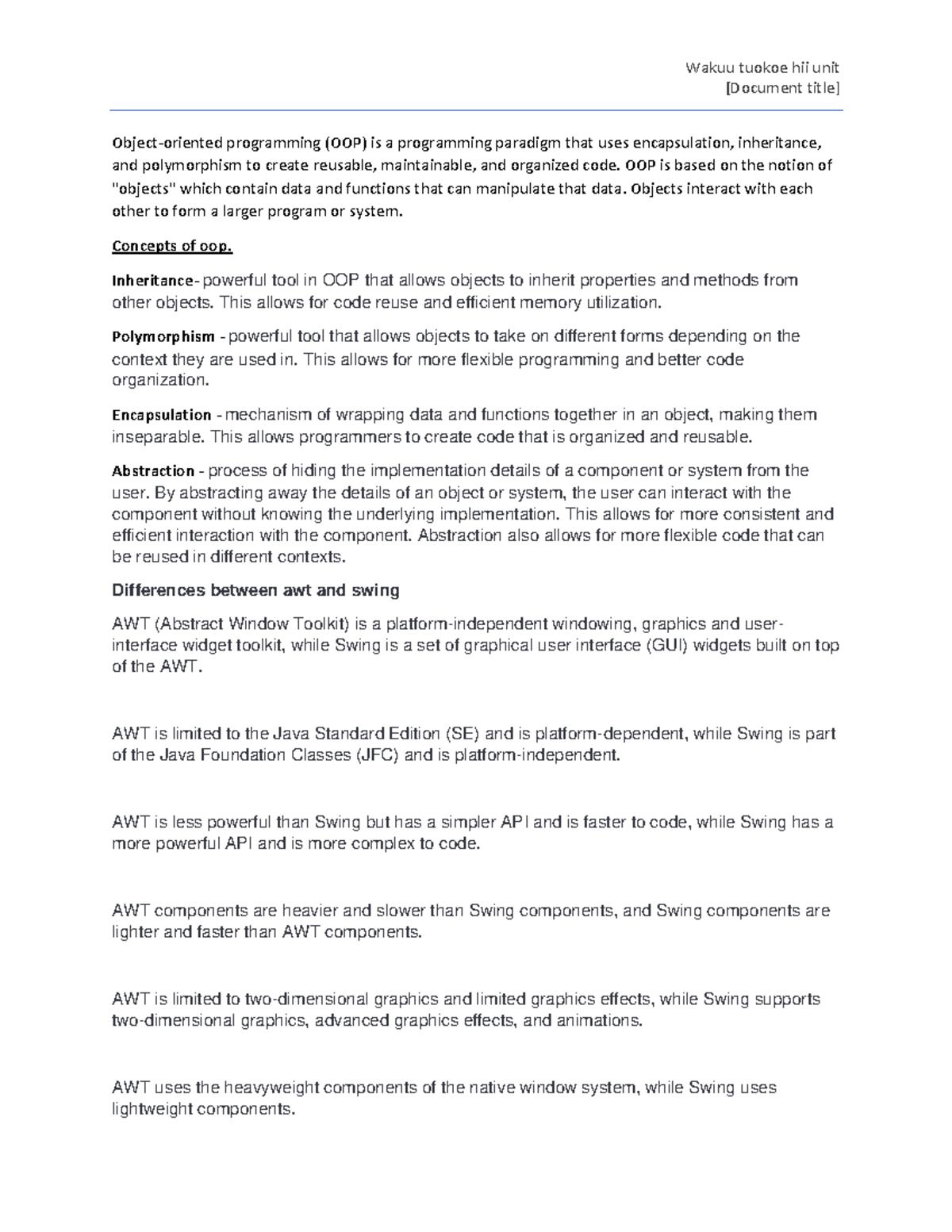 Oop 2 revision notes - [Document title] Object-oriented programming ...