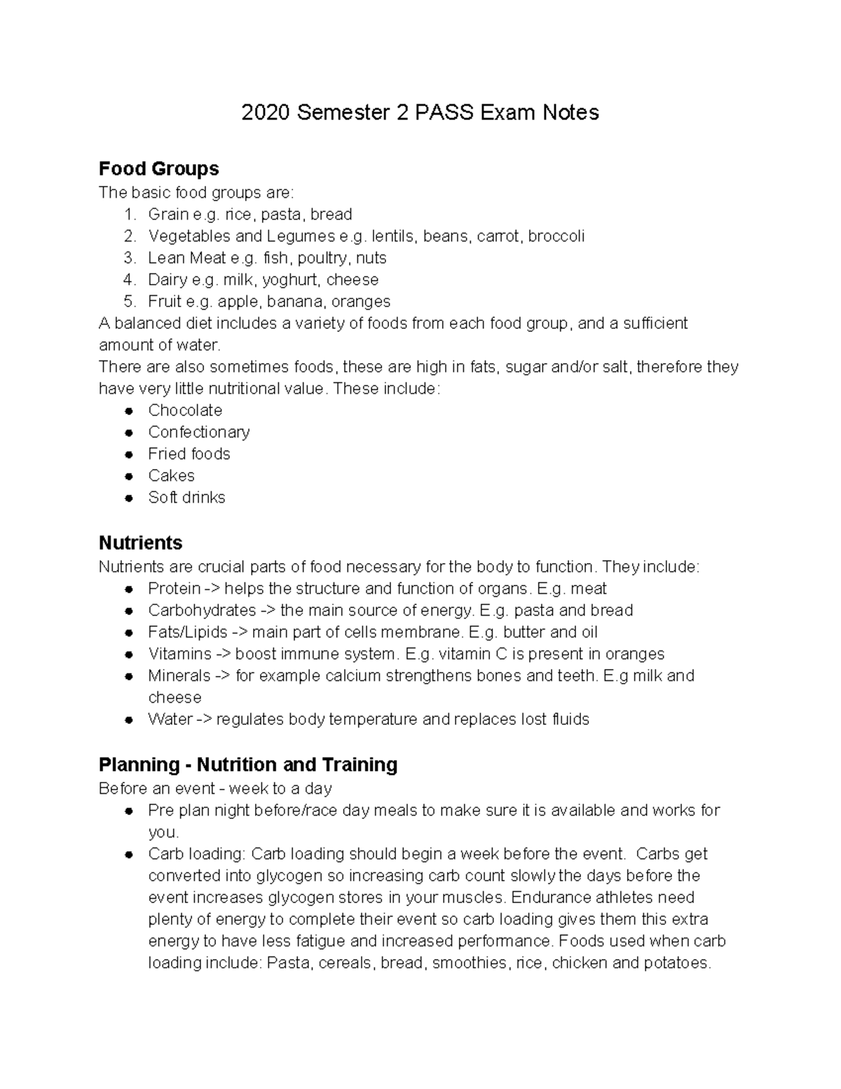 PASS Notes Final Exam - 2020 Semester 2 PASS Exam Notes Food Groups The ...