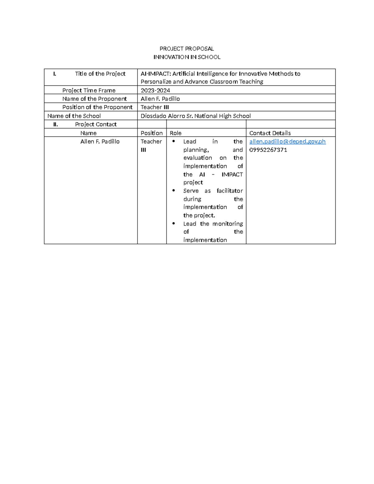 School Project Proposal - PROJECT PROPOSAL INNOVATION IN SCHOOL I ...
