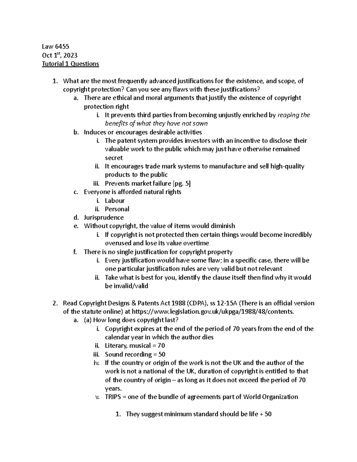 Law 6455 – Tutorial 1 Questions - Law 6455 Oct 1st, 2023 Tutorial 1 Questions 1. What are the ...