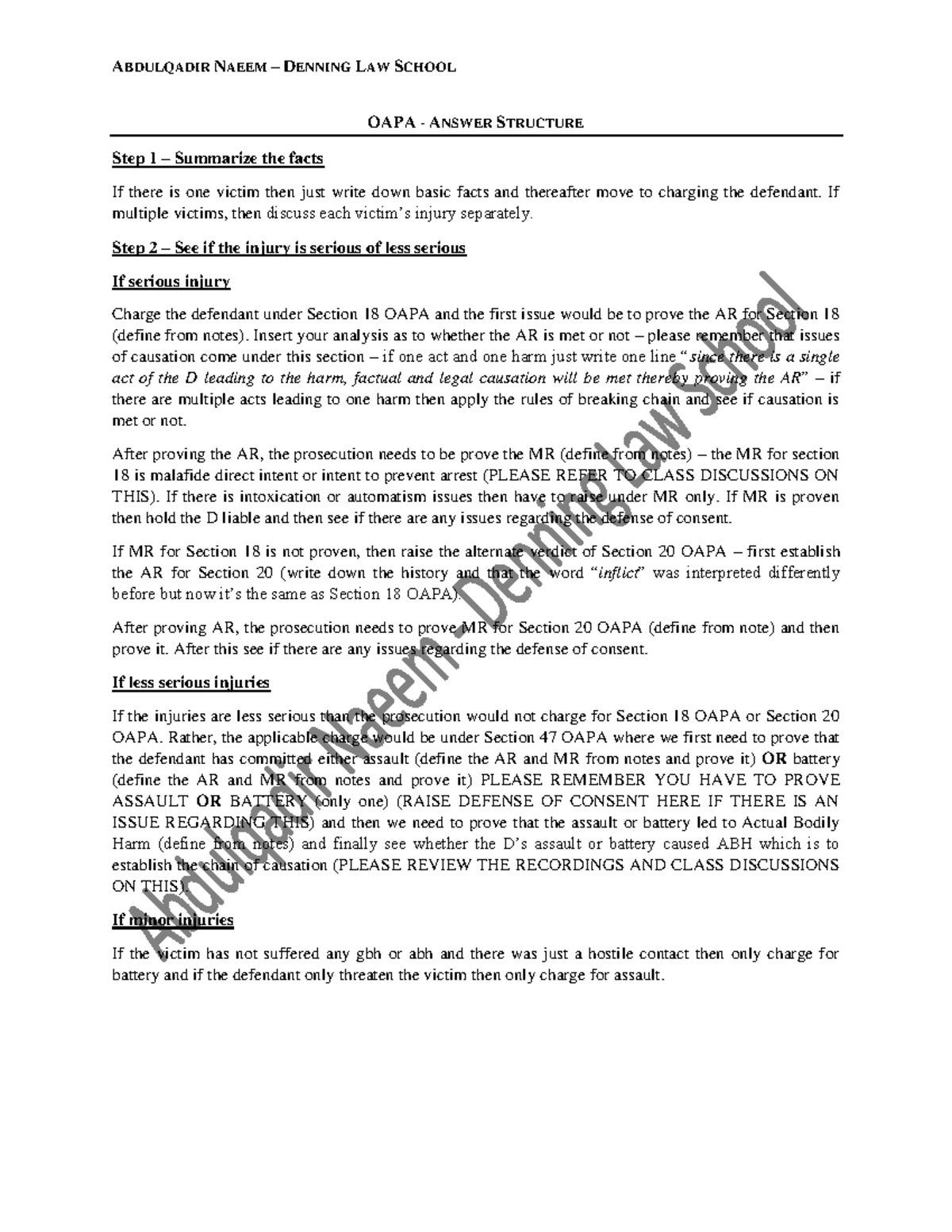 OAPA - Answer Structure - ABDULQADIR NAEEM – DENNING LAW SCHOOL OAPA ...