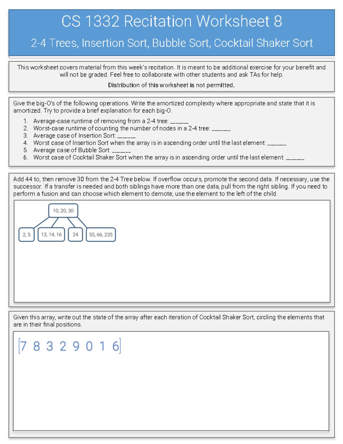 Worksheet 08 - CS 1332 Recitation Worksheet 8 2-4 Trees, Insertion Sort ...