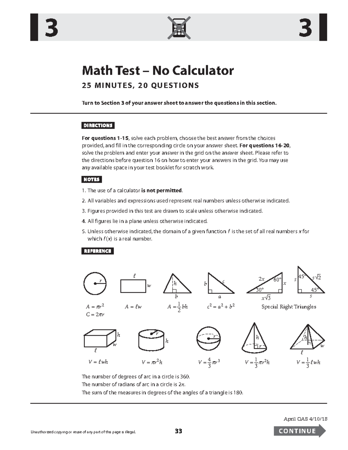 Math Practice 7 10 (10) - April QAS 4/10/ Math Test – No Calculator 25 ...