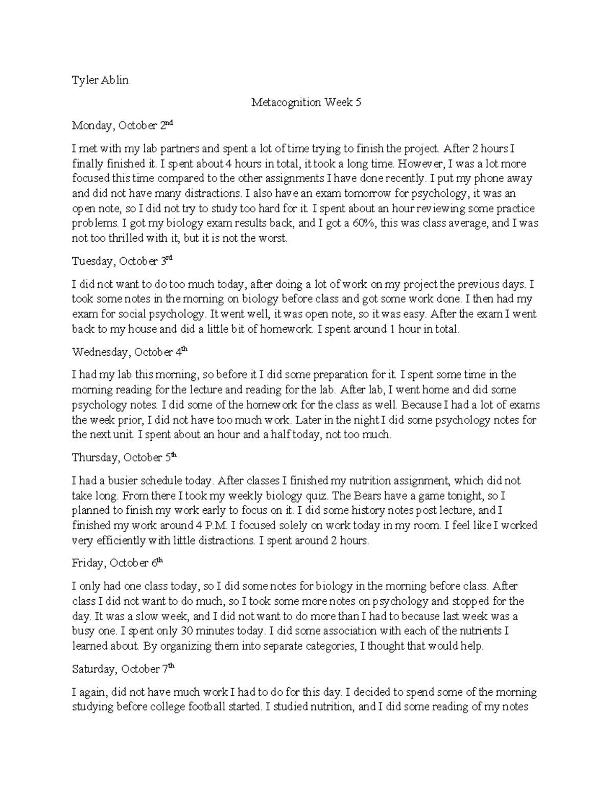 Metacog week 5 - Tyler Ablin Metacognition Week 5 Monday, October 2nd I ...