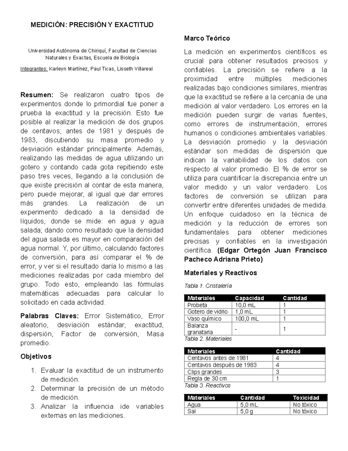 Informe Química #1 - MEDICIÓN: PRECISIÓN Y EXACTITUD Universidad ...