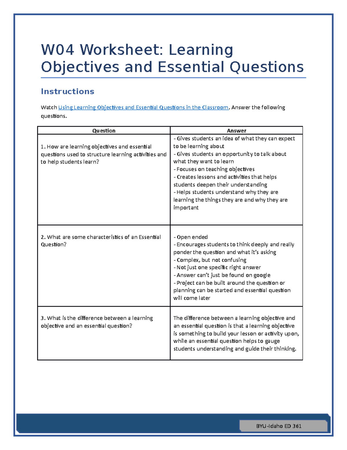 ED361 Learning Objectives and Essential Questions - Answer the ...