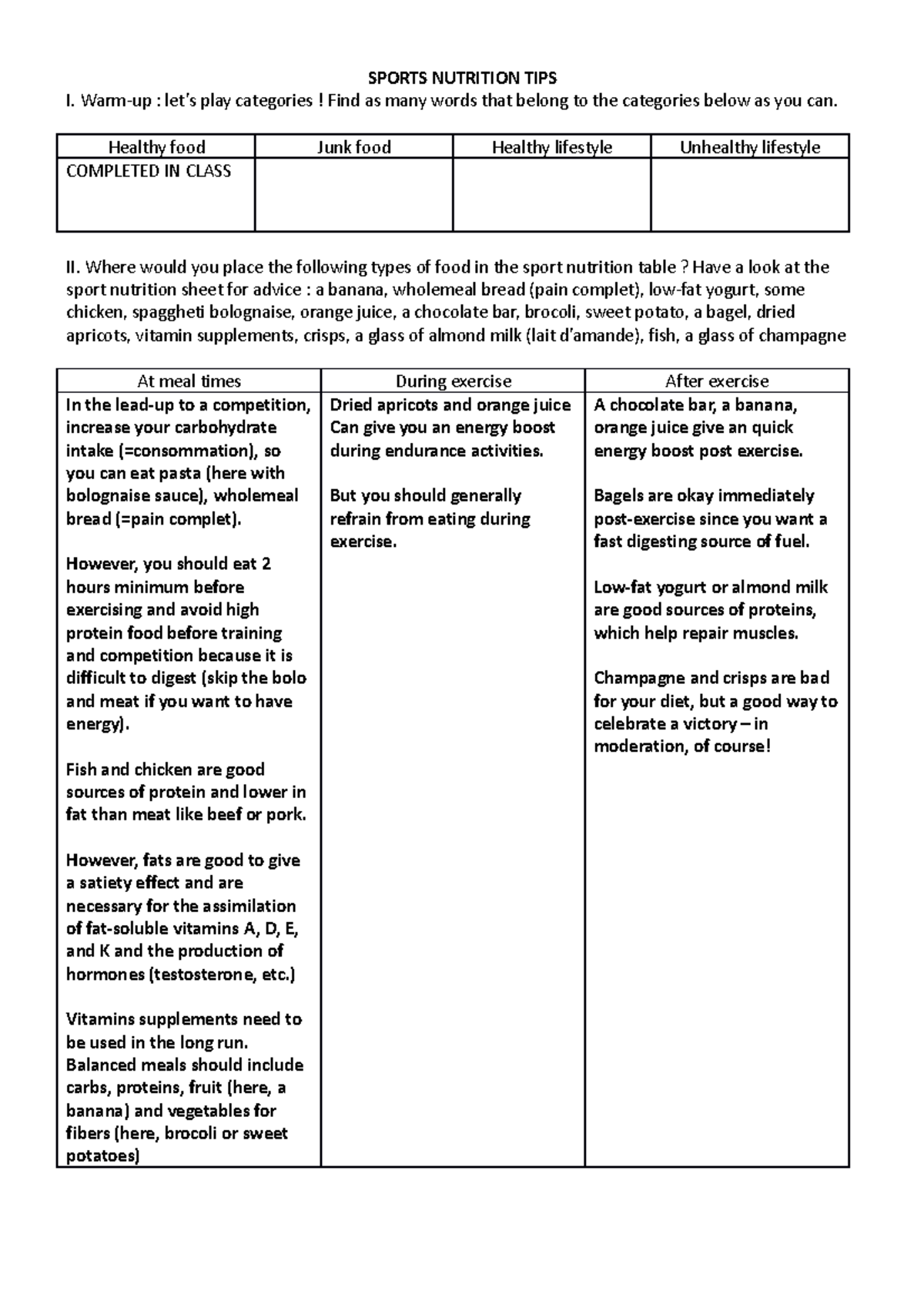 Nutrition TIPS worksheet corrig Ã© - SPORTS NUTRITION TIPS I. Warm-up ...