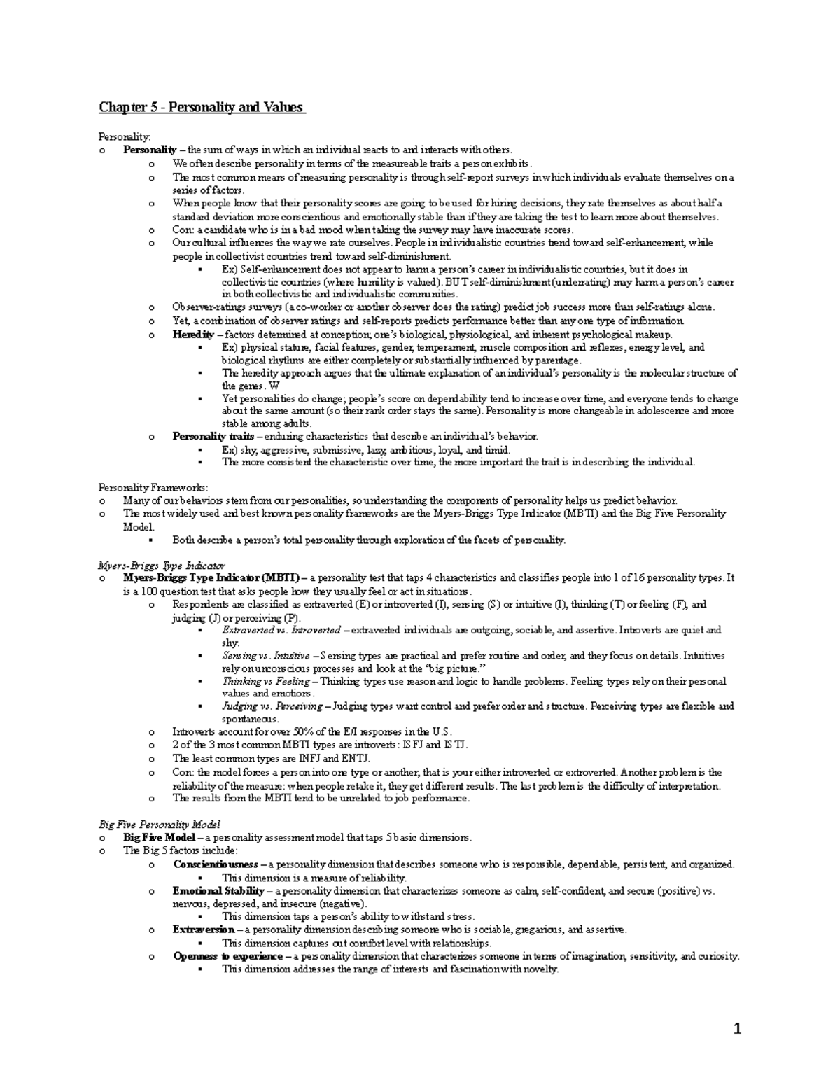 Chapter 5 Study Guide - Chapter 5 - Personality and Values Personality ...