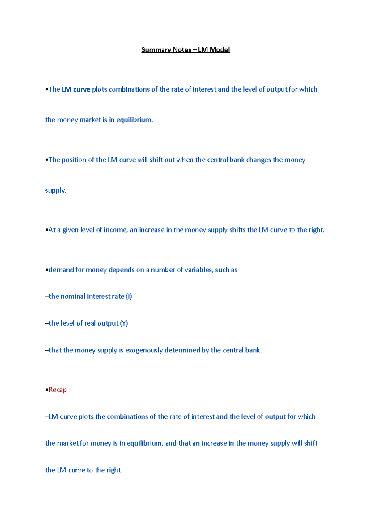 Summary Notes – LM Model - Summary Notes – LM Model The LM curve plots ...