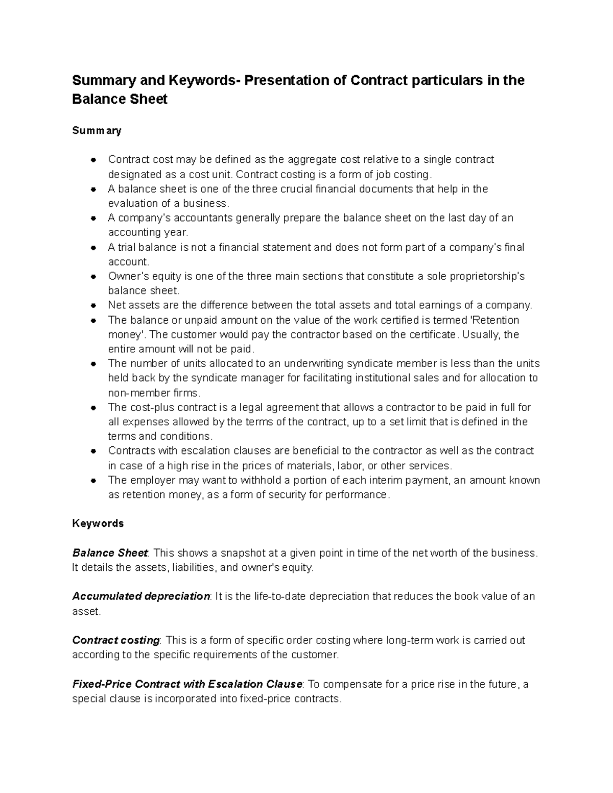 Summary and Keywords- Presentation of Contract particulars in the ...