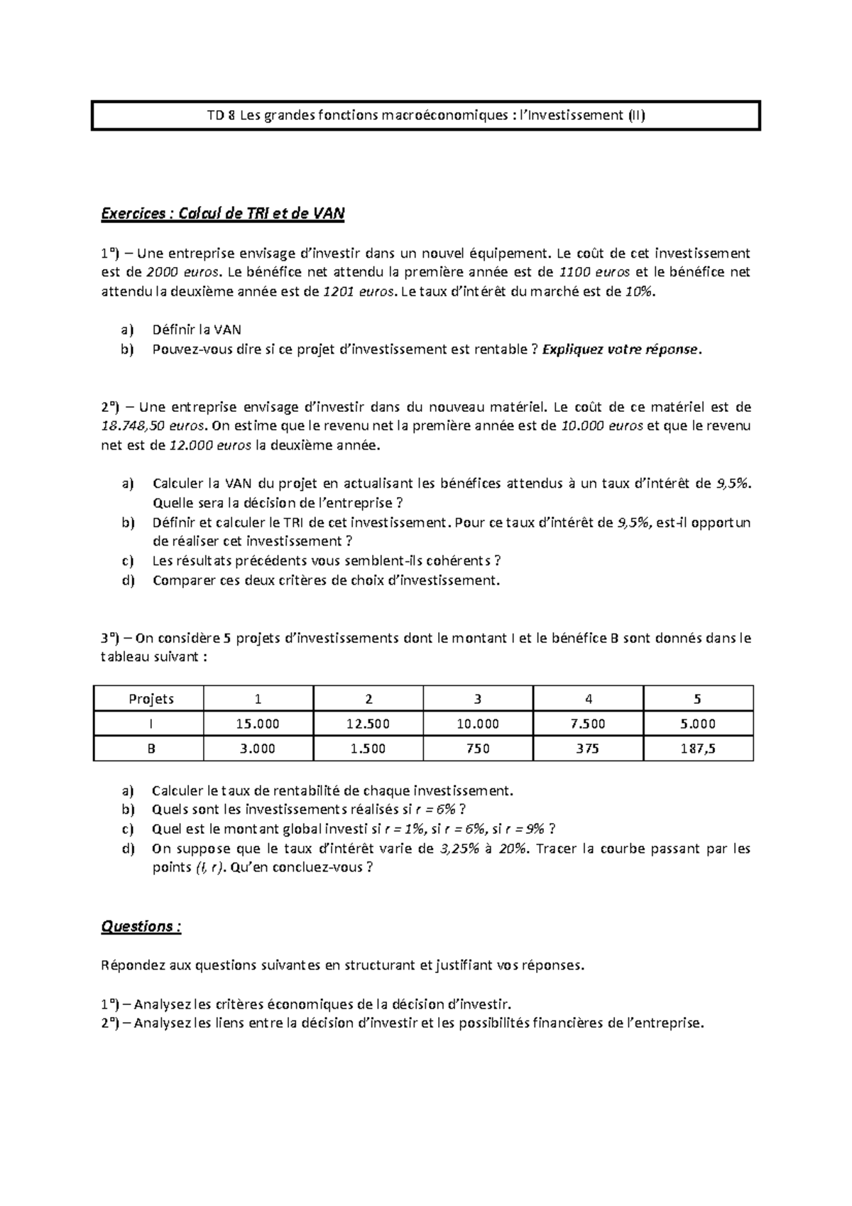 TD 8 Investissement 2 - Cours magistral - TD 8 Les grandes fonctions ...
