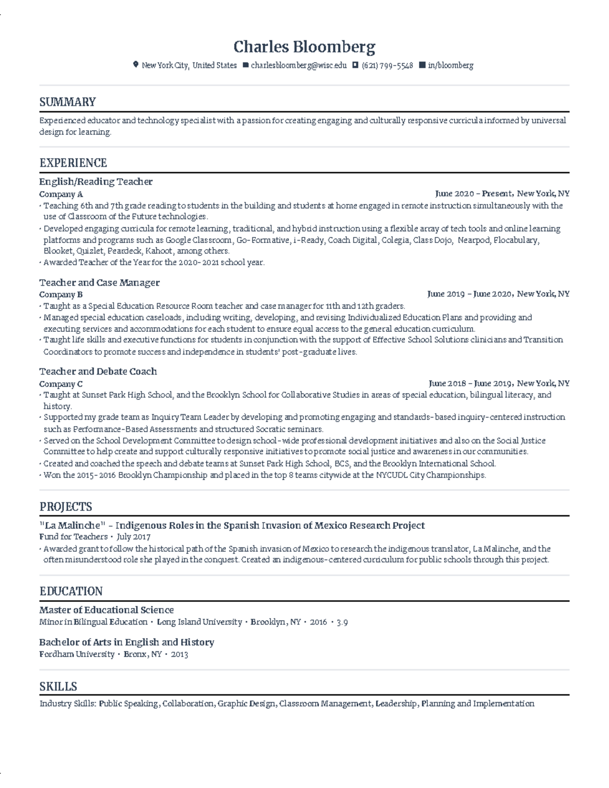 English Language Teacher - . . Charles Bloomberg New York City, United ...