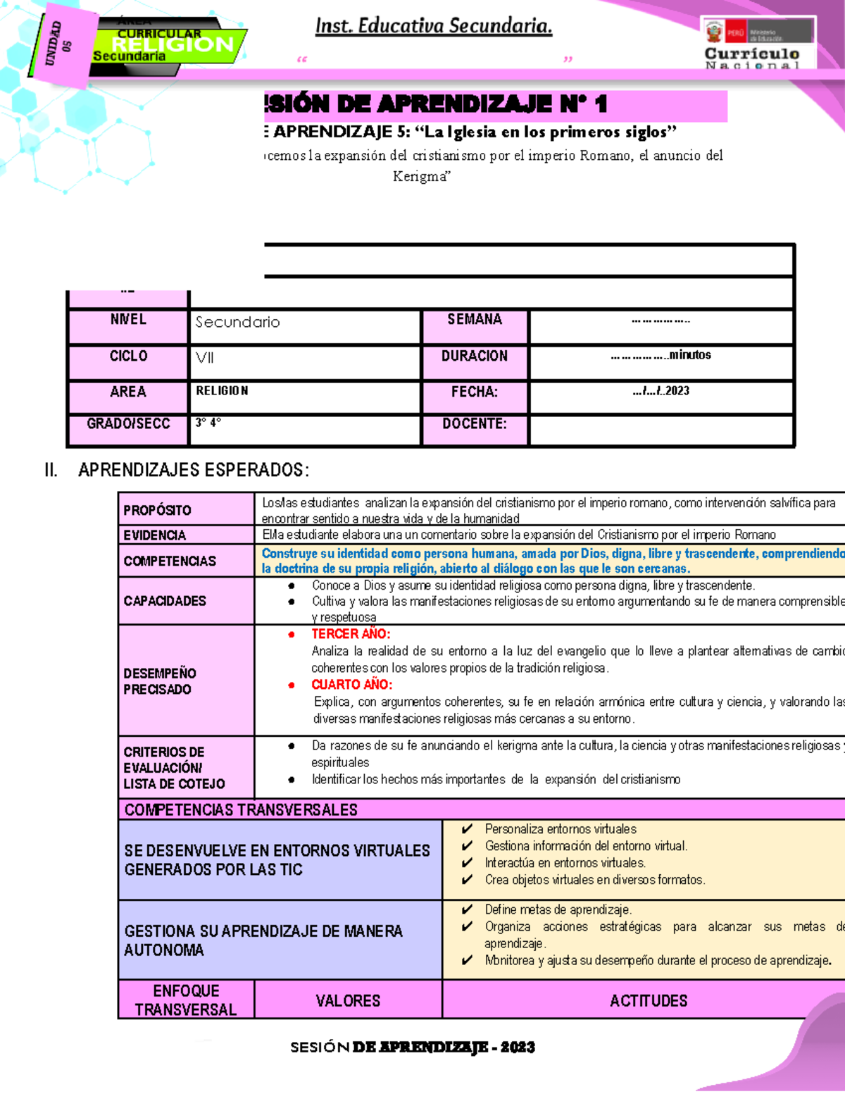 Sesion Religion 3° 4° SEC- Semana 01 UNI 5 - SESIÓN DE APRENDIZAJE N° 1 UNIDAD DE APRENDIZAJE 5 ...