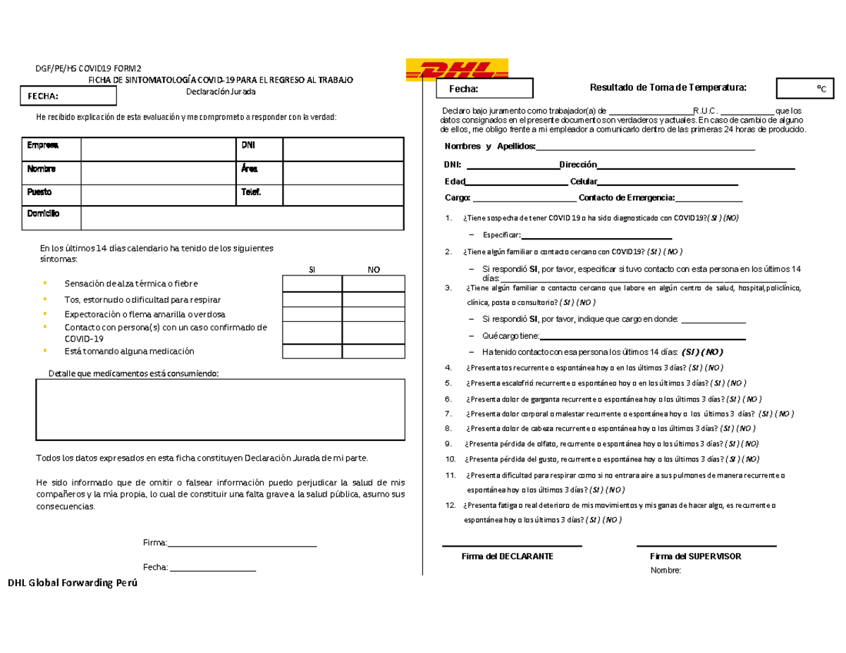 Sintomatologia + Declaracion DHL - DGF/PE/HS COVID19 FORM DHL Global ...