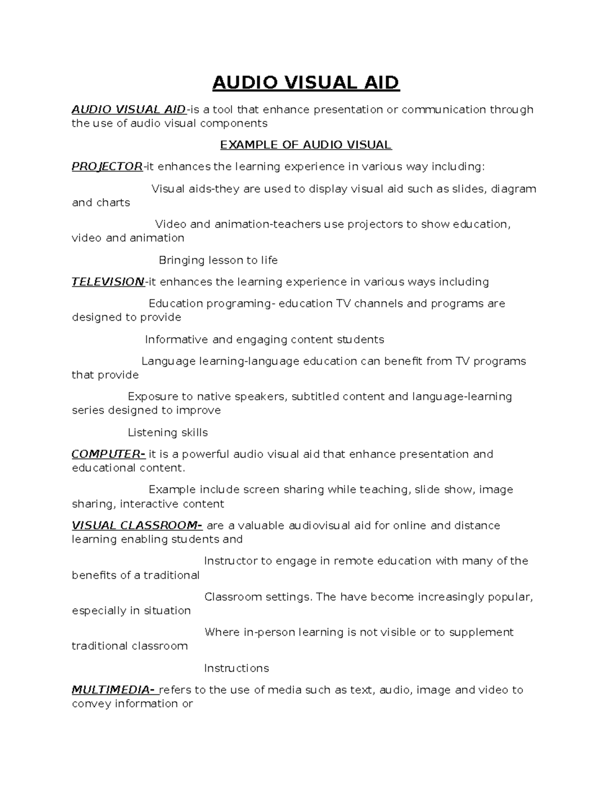 Sociology of education - AUDIO VISUAL AID AUDIO VISUAL AID-is a tool ...