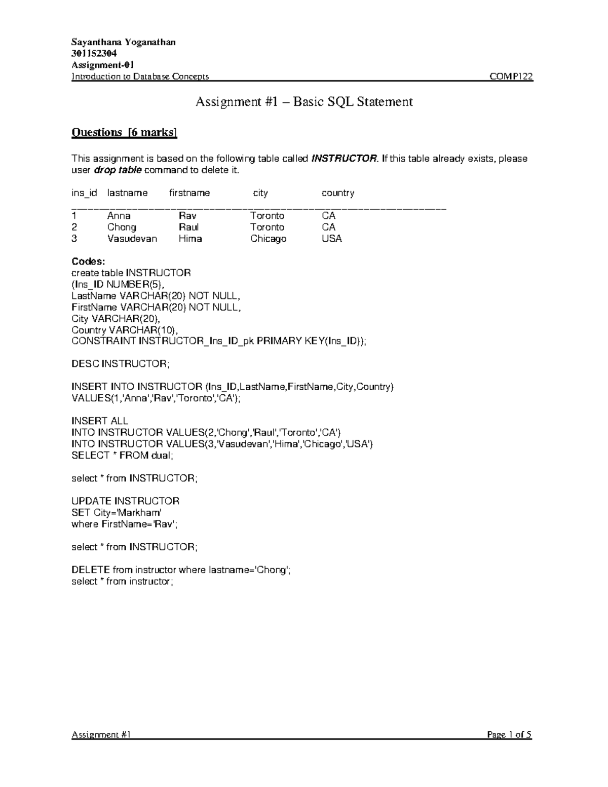 Assignment#1SAYA - 301152304 Assignment- Introduction to Database Concepts COMP Assignment #1 ...