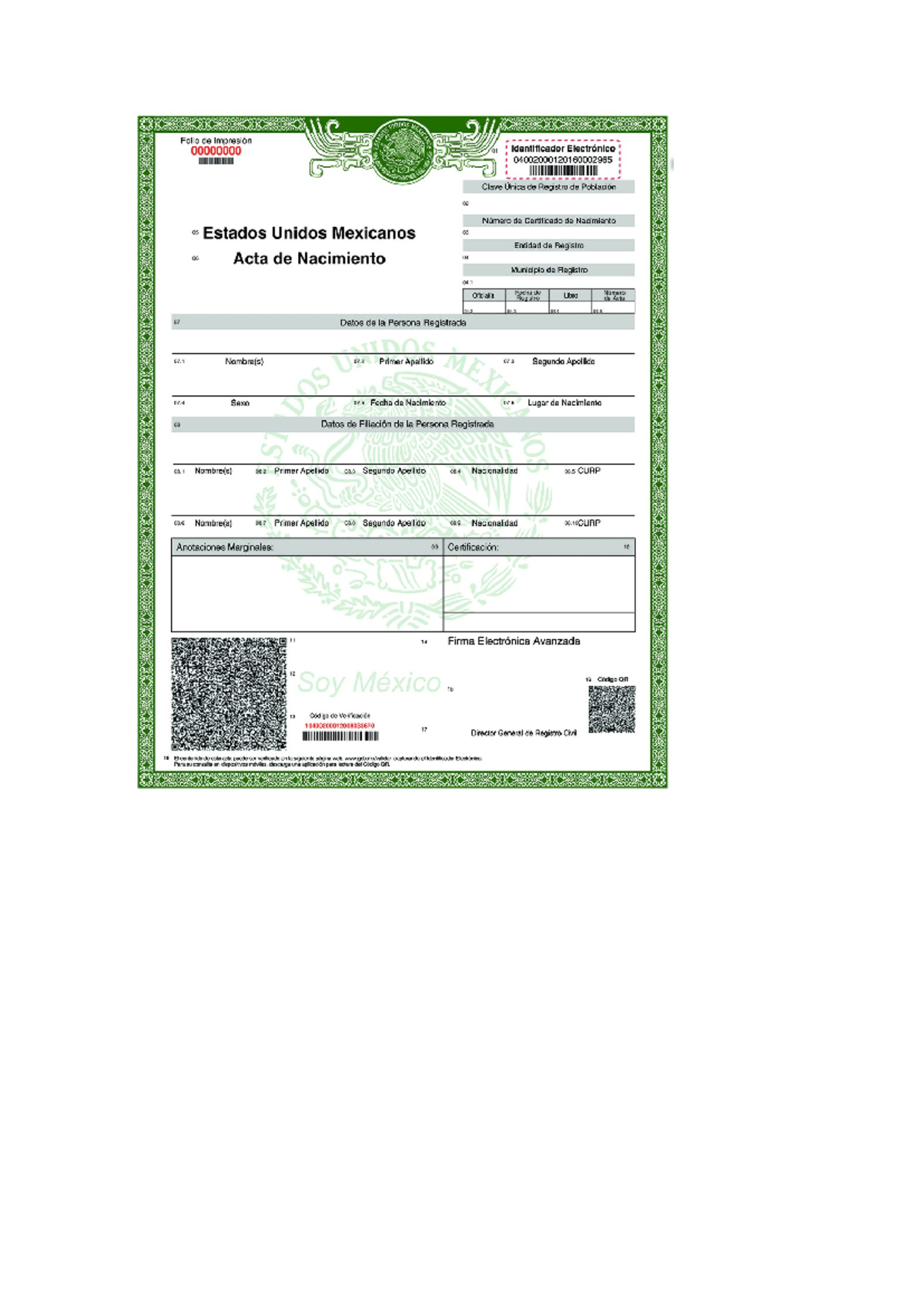 Acta de nacimiento para llenar en blanco descargar - UNIDOS Folio de Impresión 01 Identificador ...