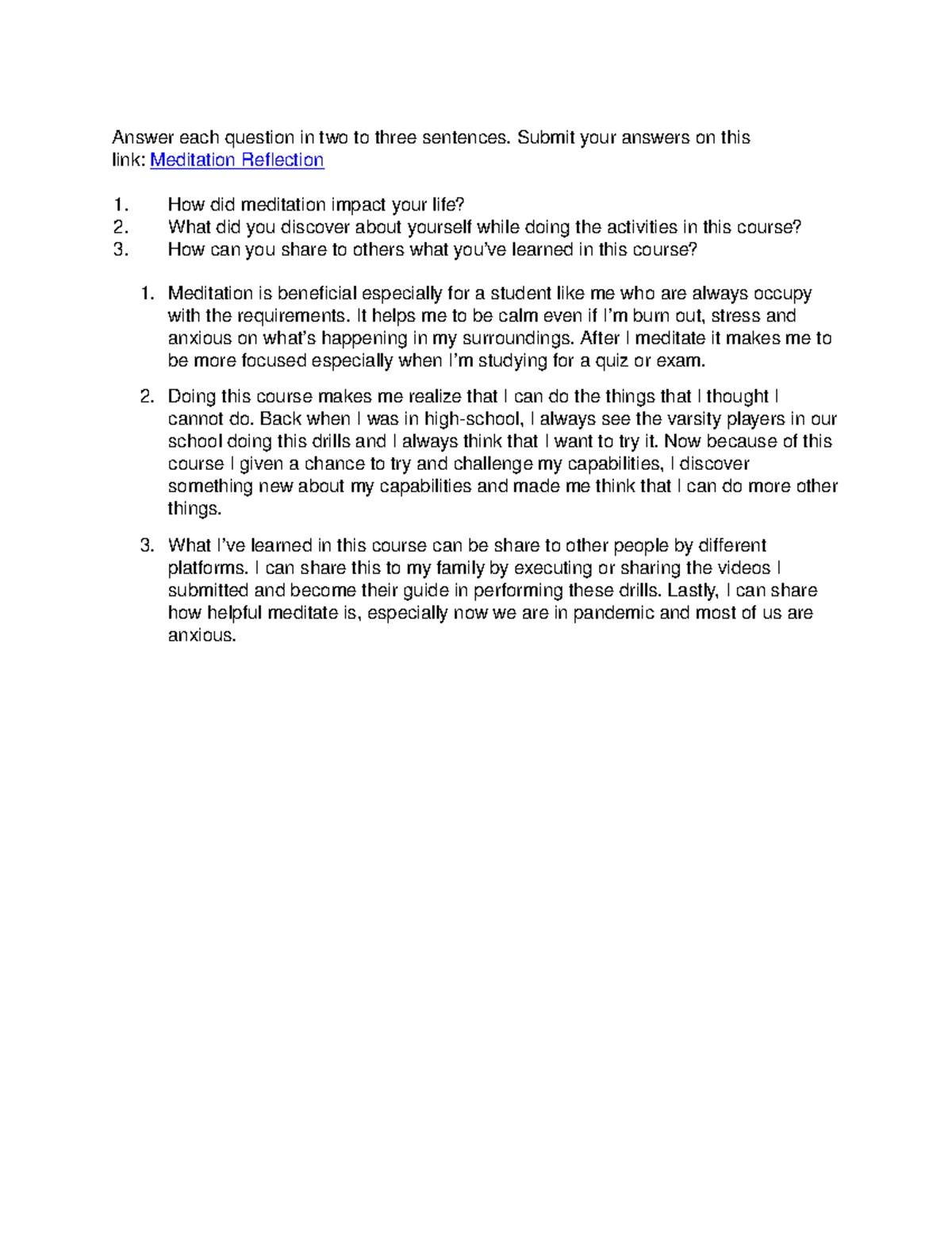 Terminal Reflection in pe final requirement meditation - Answer each ...