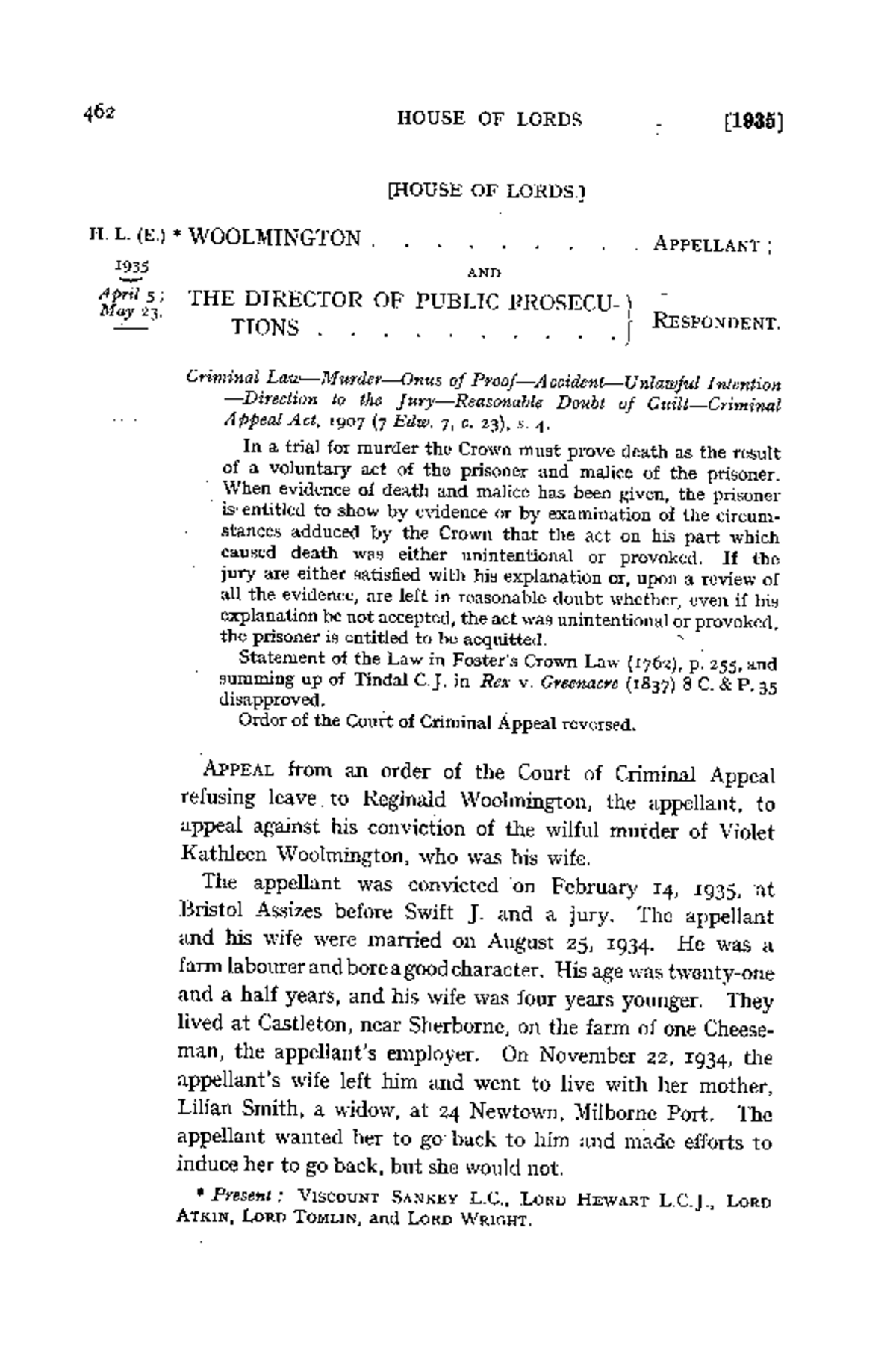 Woolmington Appellant AND THE Director OF P-1 - 462 HOUSE OF LORDS OF H ...