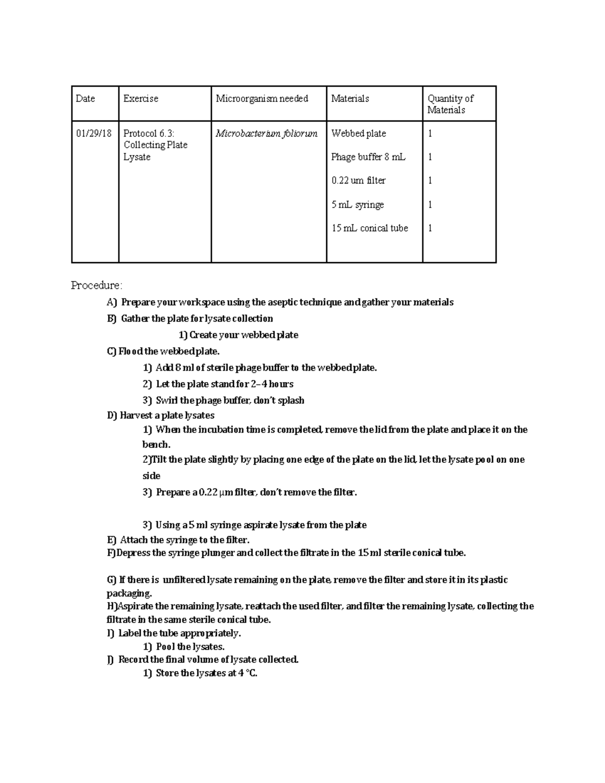 Pre-Lab 1 for Protocol - Date Exercise Microorganism needed Materials ...