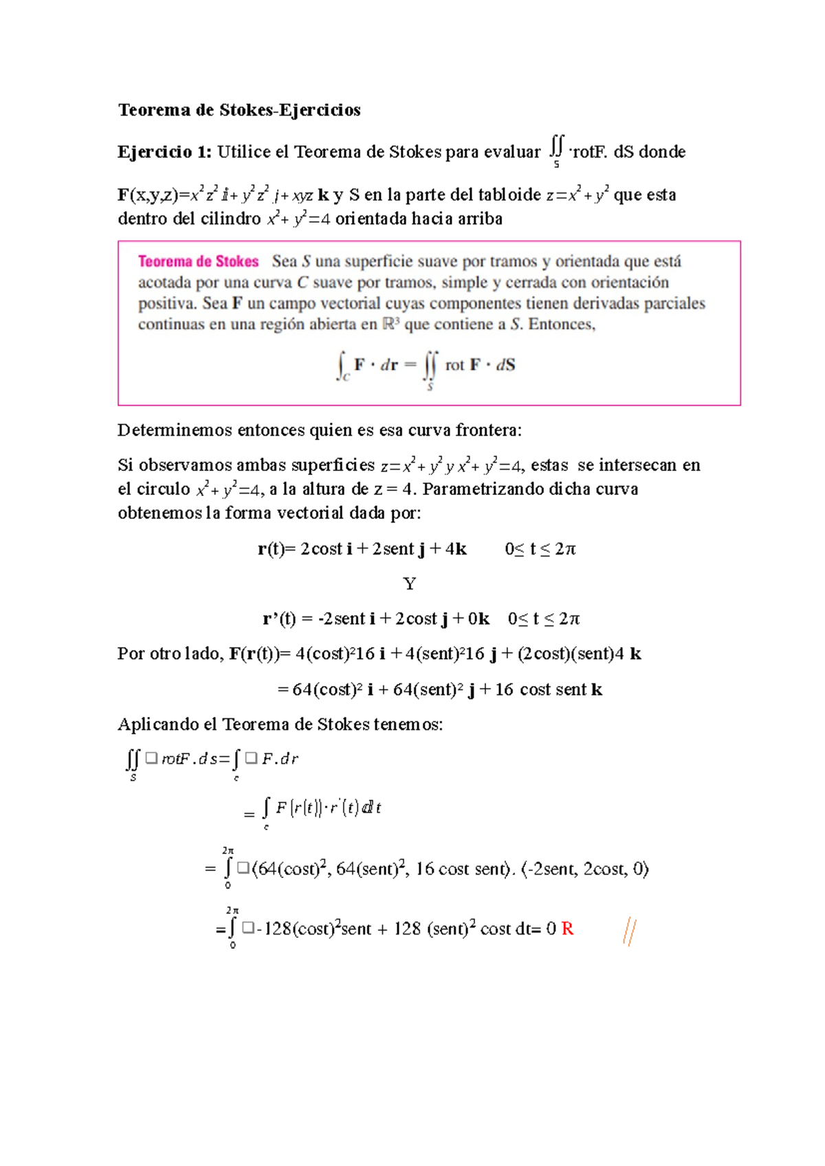 Teorema DE Stokes Ejercicios - Teorema de Stokes-Ejercicios Ejercicio 1 ...