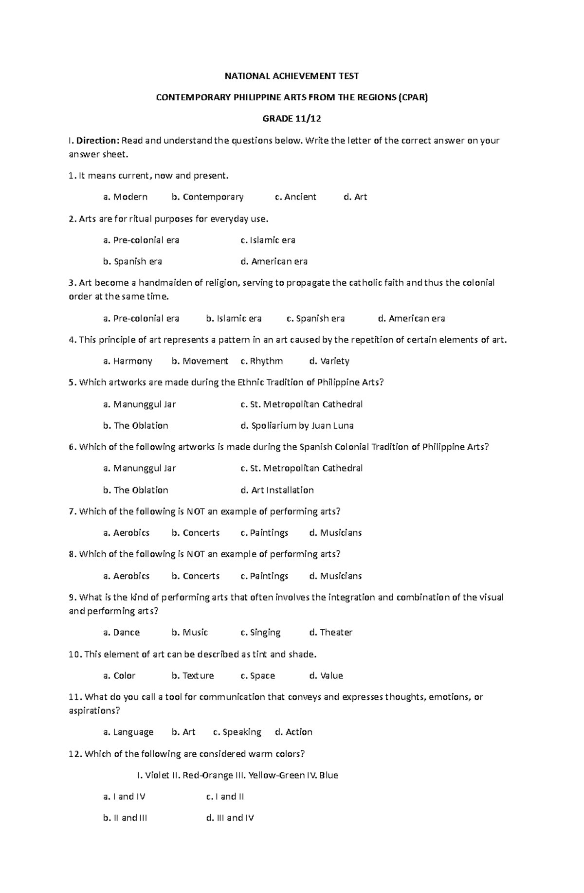 NAT CPAR - DISCUSSION - NATIONAL ACHIEVEMENT TEST CONTEMPORARY ...