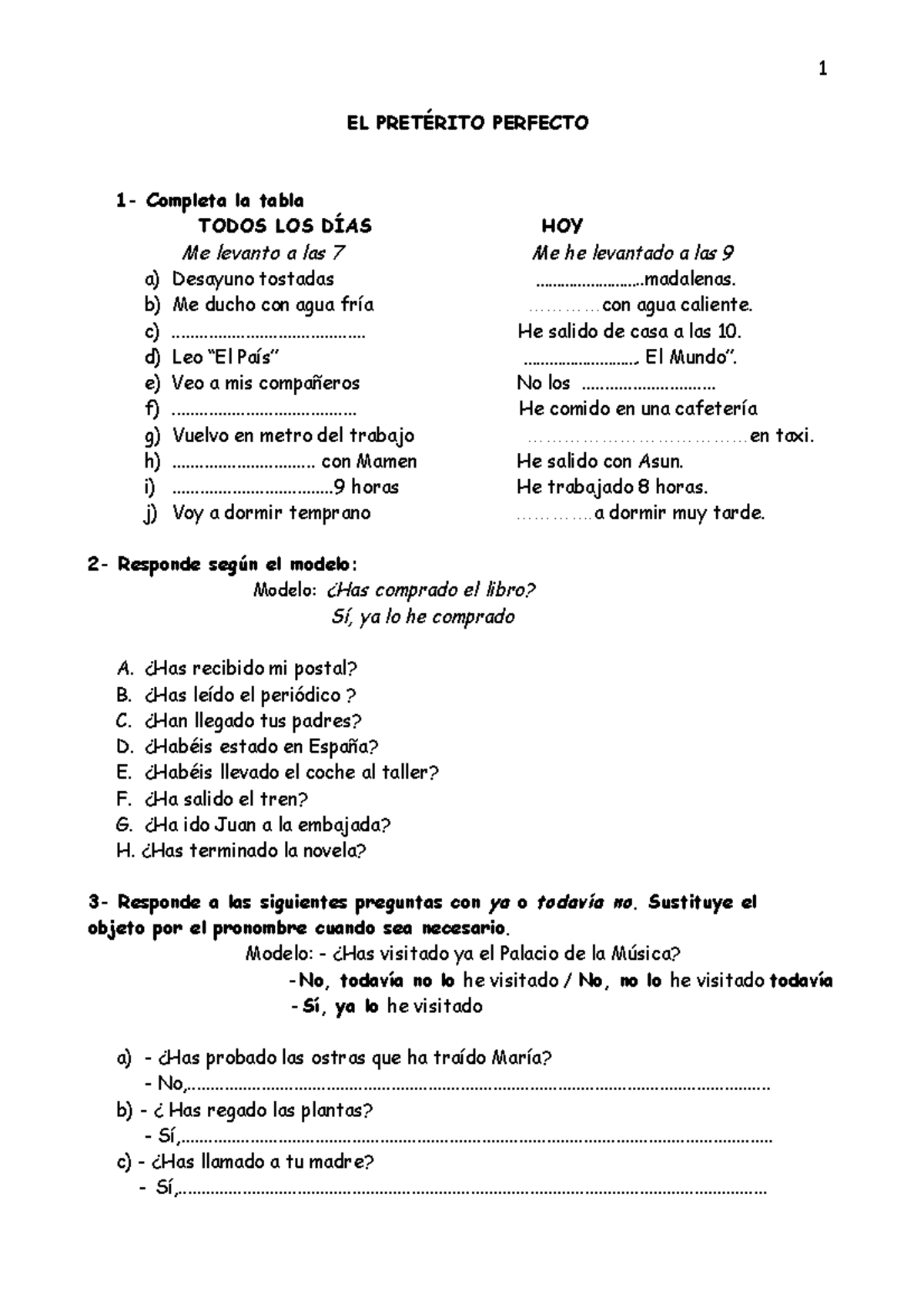 EL Pretérito Perfecto - esercizi spagnolo per preparazione esame - EL ...