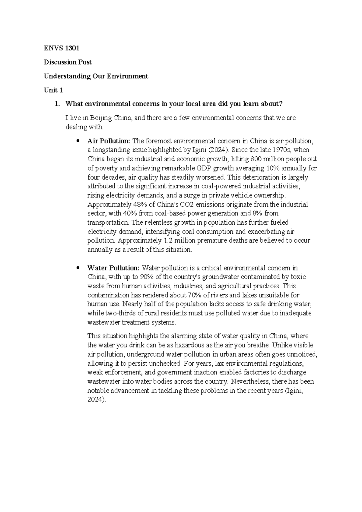 ENVS 1301 Discussion Post Unit 1. ENVS 1301 Discussion Post Unit 1 ...
