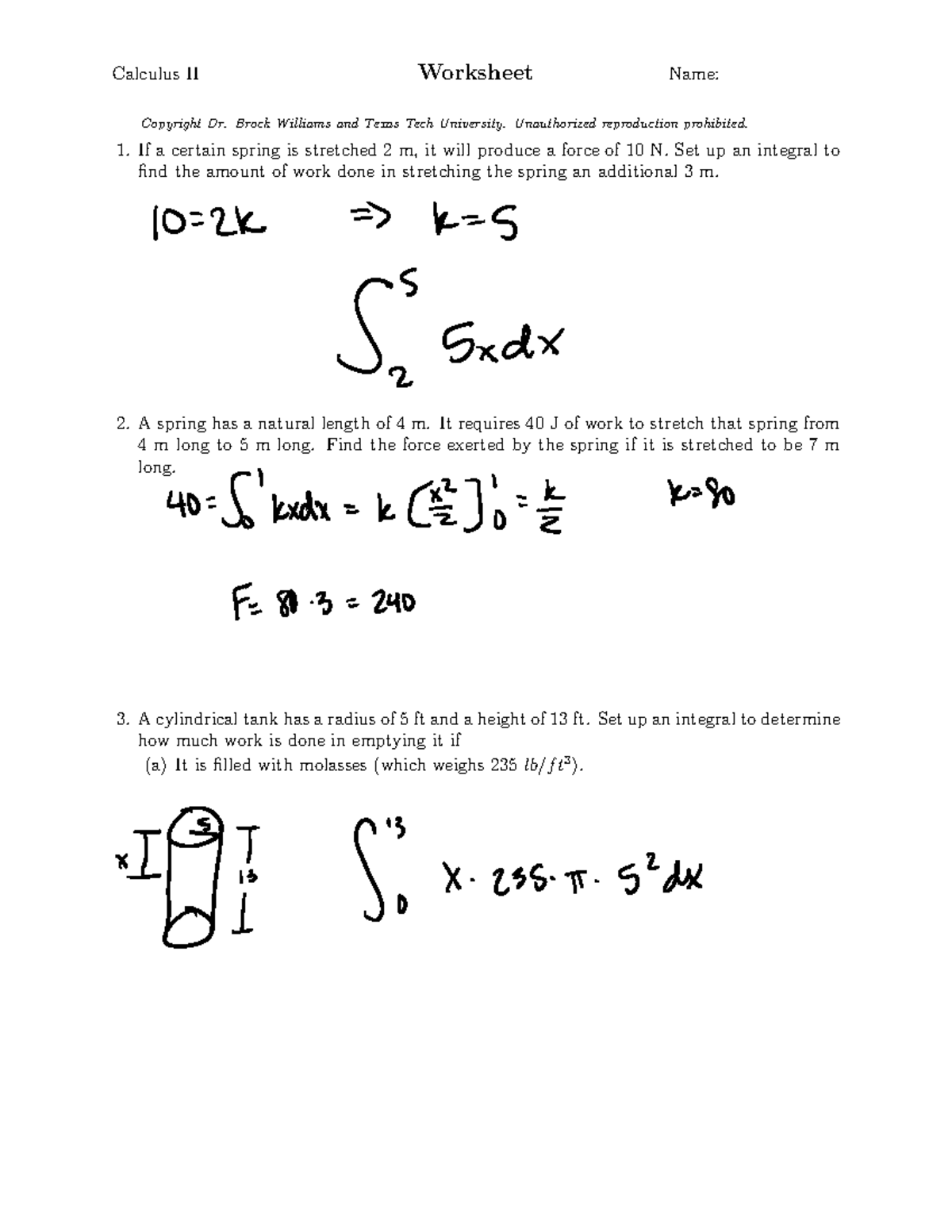 Work Assignment -part a - Calculus II Worksheet Name: Copyright Dr ...