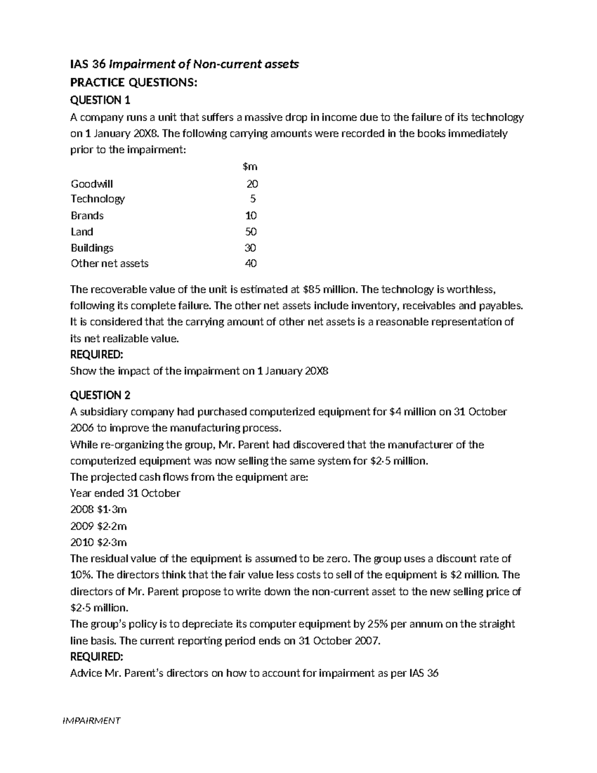 IAS 36 Impairment IAA - lecture notes - IAS 36 Impairment of Non ...