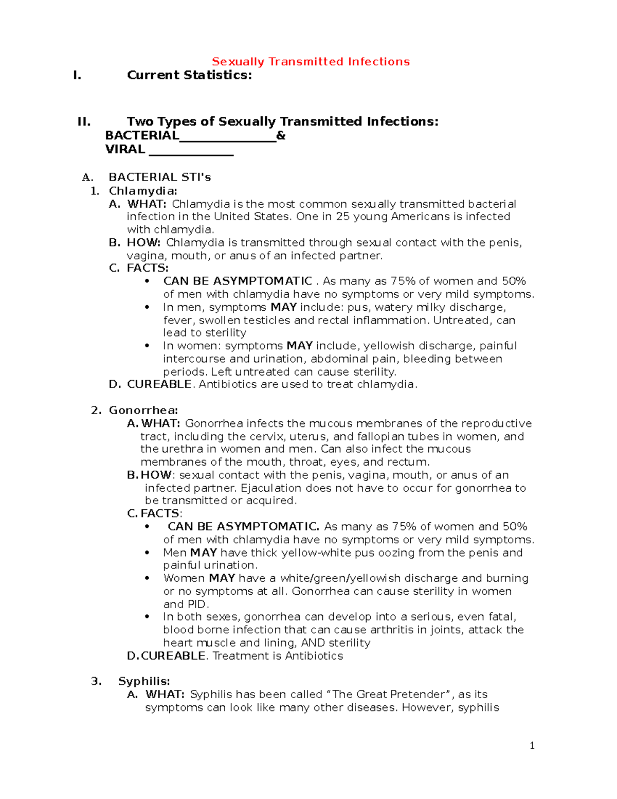 STI - Sexually Transmitted Infections I. Current Statistics: II. Two ...