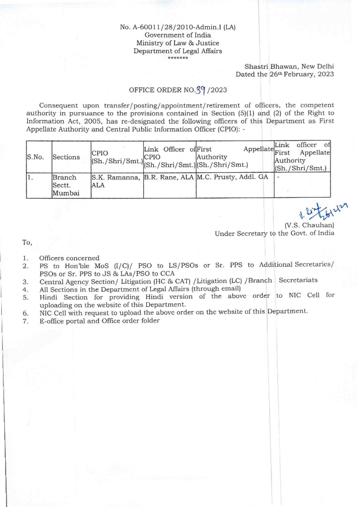 CPIO Link Office order BS Mumbai - No. A-60011/28/2010-Admin (LA ...