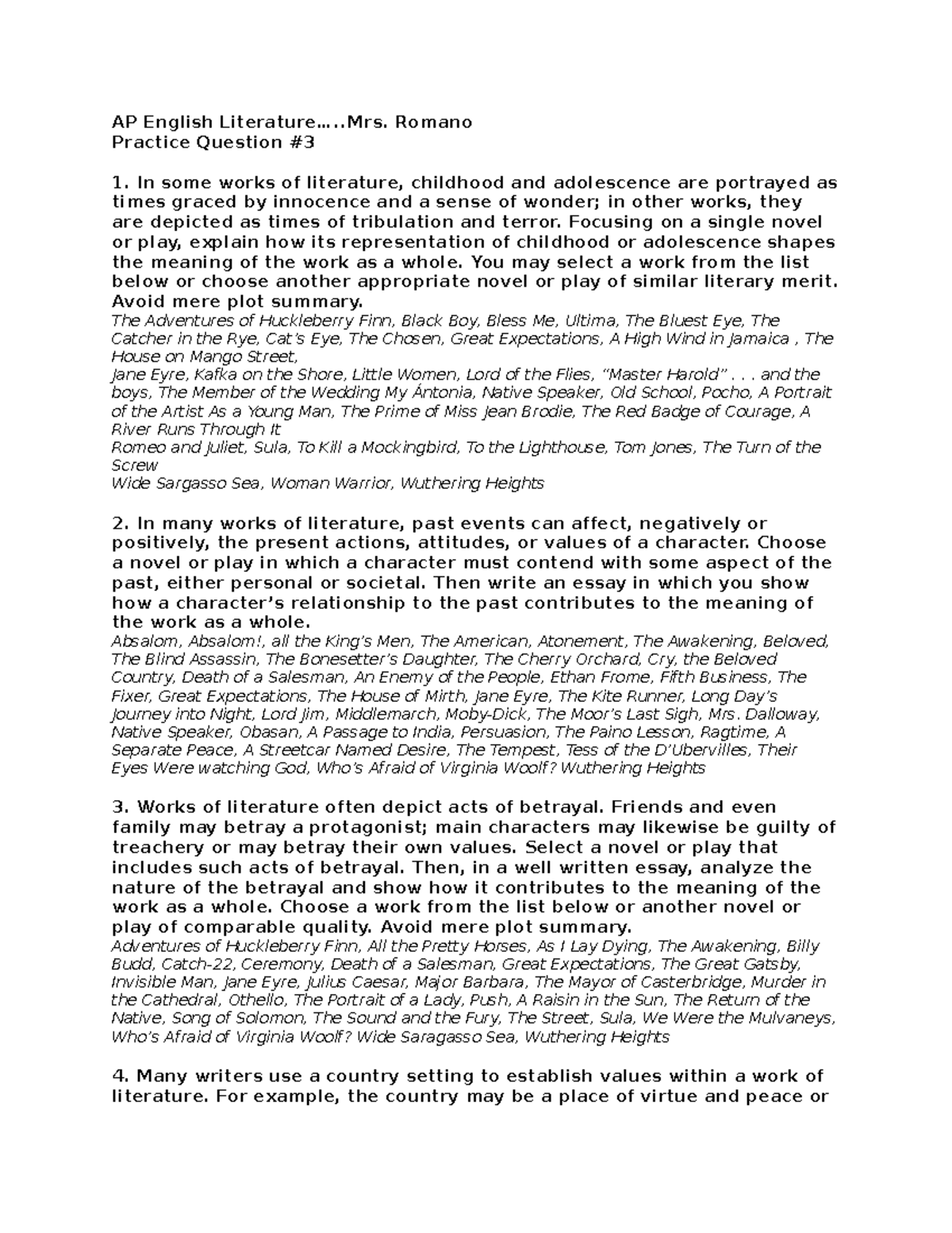 Ap English question 3 examples - AP English Literature..... Romano ...